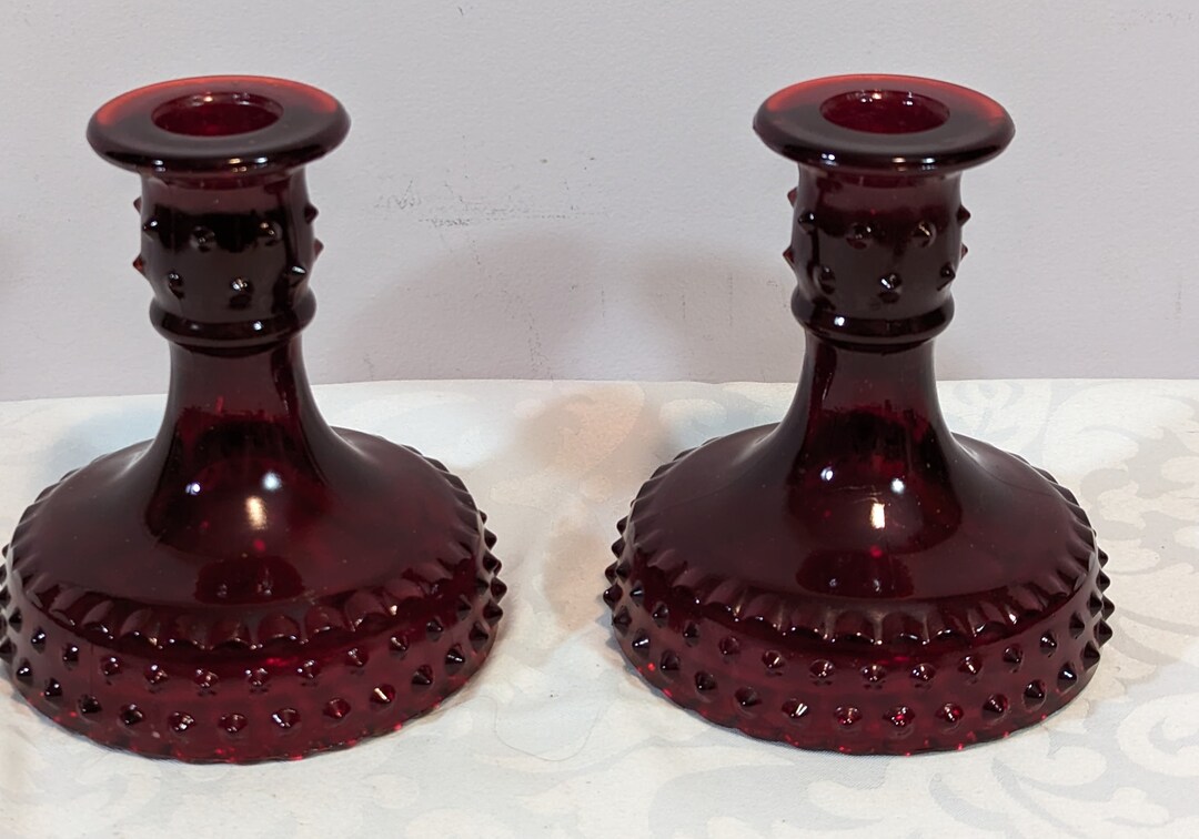 Pair of Ruby Red Hobnail Candle Holders - Etsy