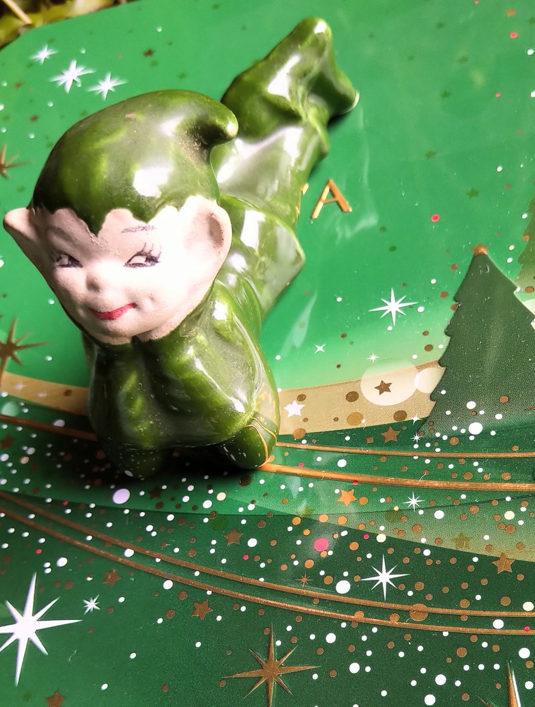 Elf Ceramic Figurine, Elf Decor, Green Dressed Elf, Vintage Elf ...