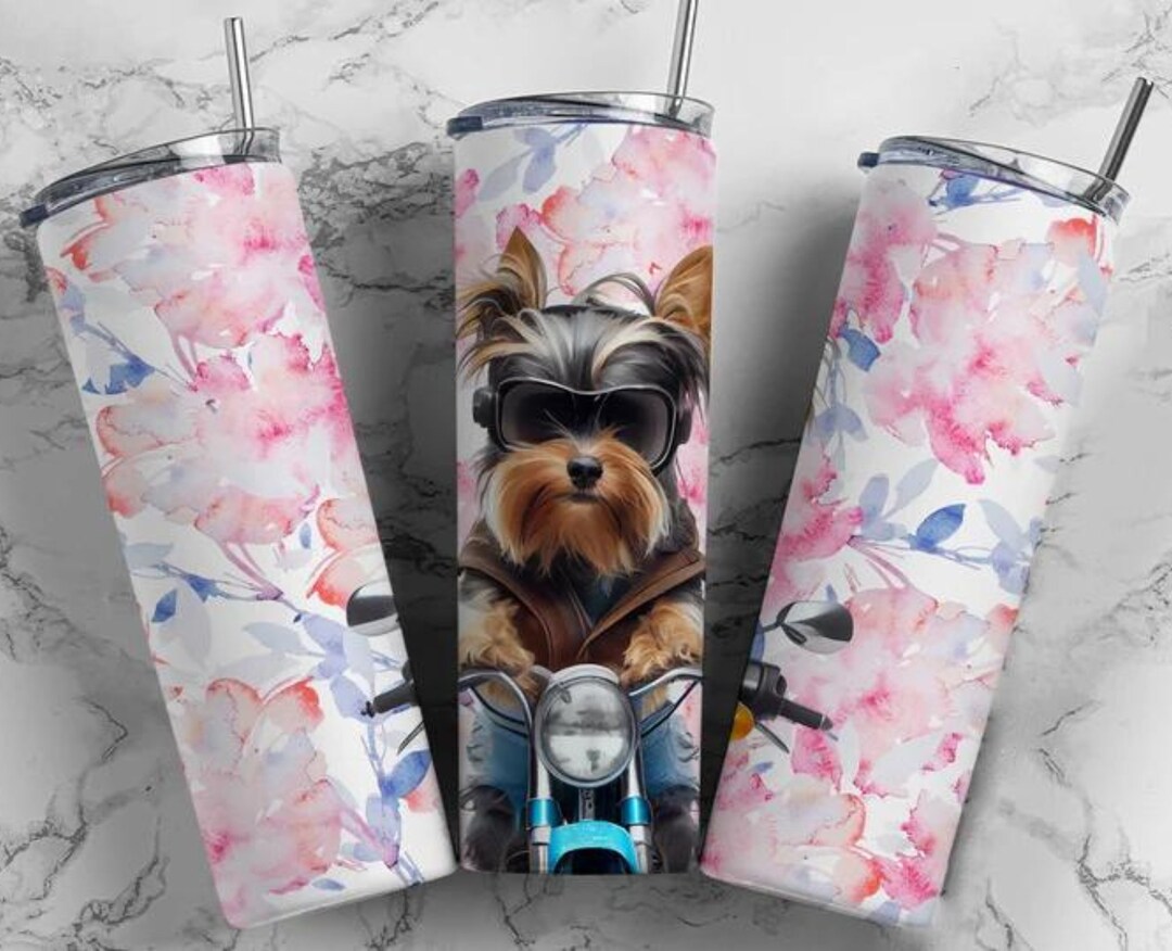 20oz Skinny Stainless Steel Tumbler Yorkie on Motorcycle - Etsy