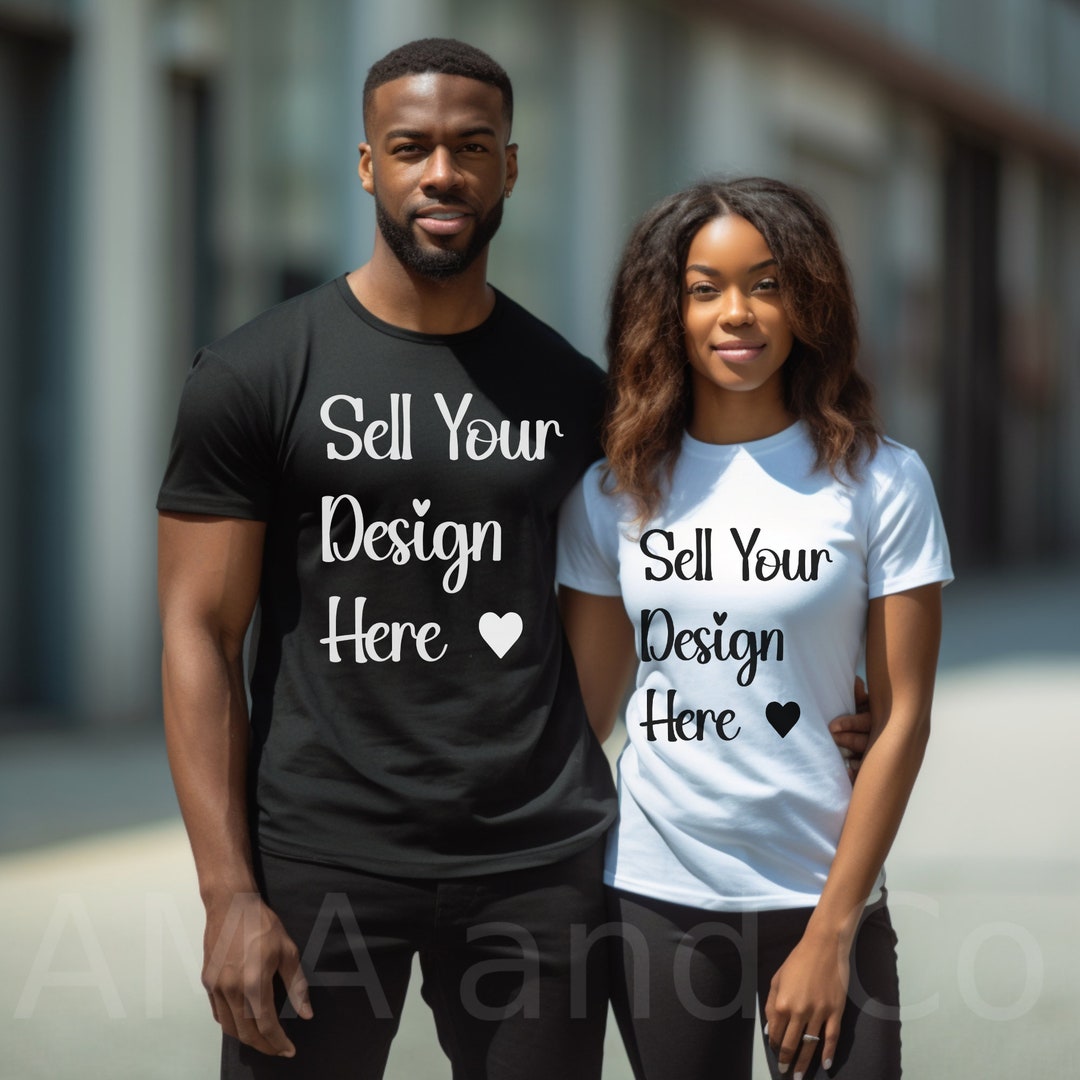 Black Couple Matching White & Black T Shirt Mockup, African American ...