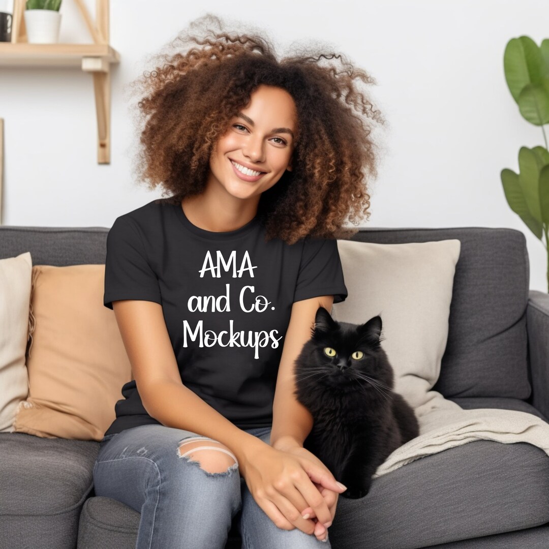 Pet Black Tshirt Mockup, African American Woman With Cat Home Lifestyle ...