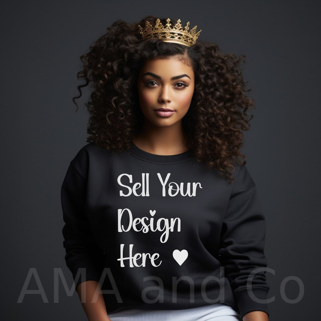 Black Woman Black Sweatshirt Mockup, Queen Crown Lifestyle Mock-up ...