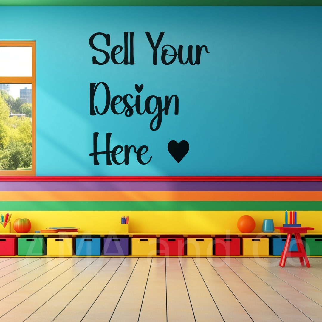 Classroom Mockup, Elementary School Class Blue Wall Frame and Poster ...