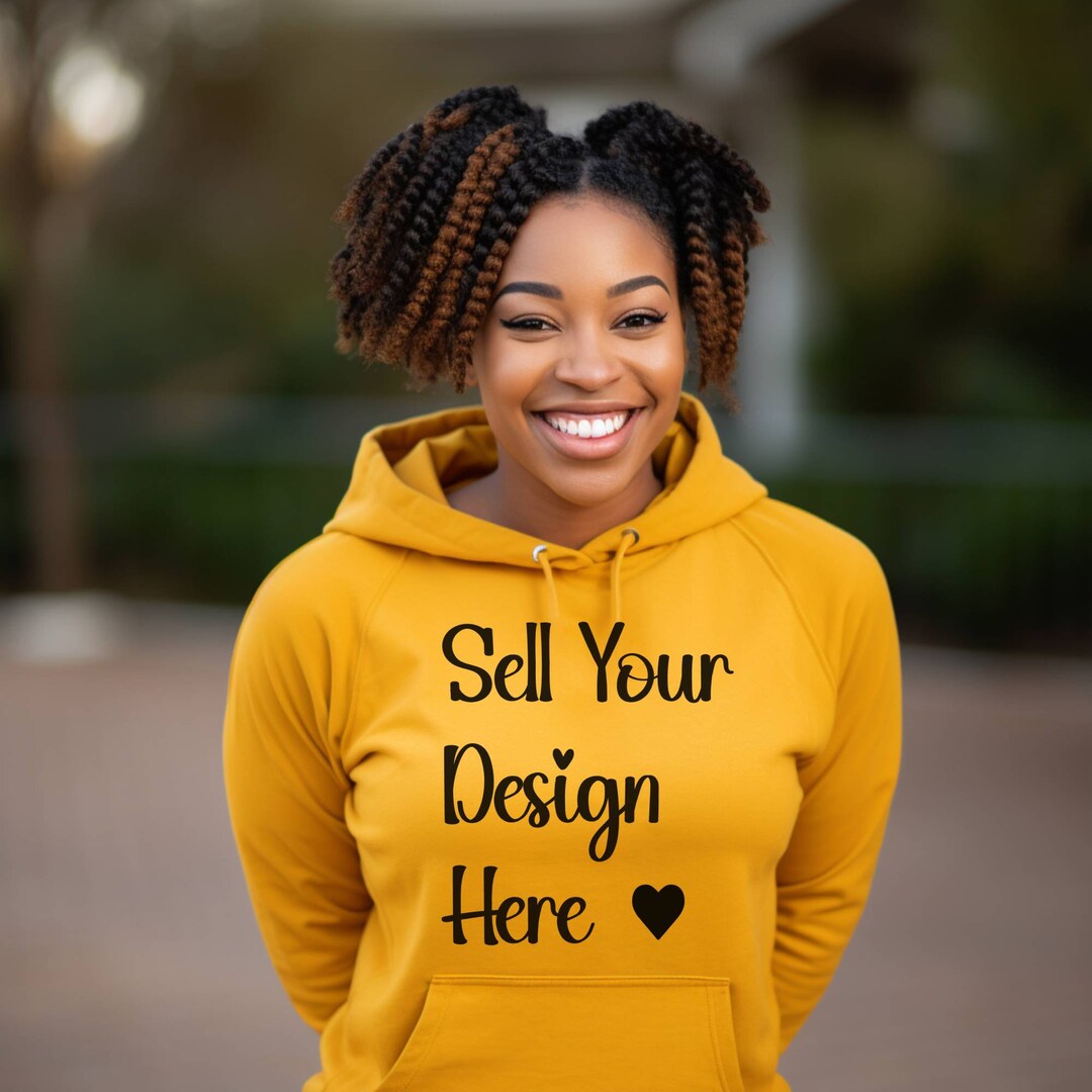 Raglan Hoodie Mockup Yellow, Black Girl Hoodie Model Mock-up, Hooded ...