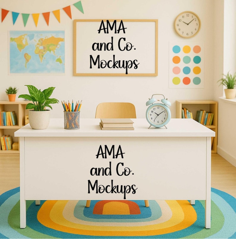 Classroom Mockup, Teacher Desk Classroom Colorful Decor Mockup, Child ...