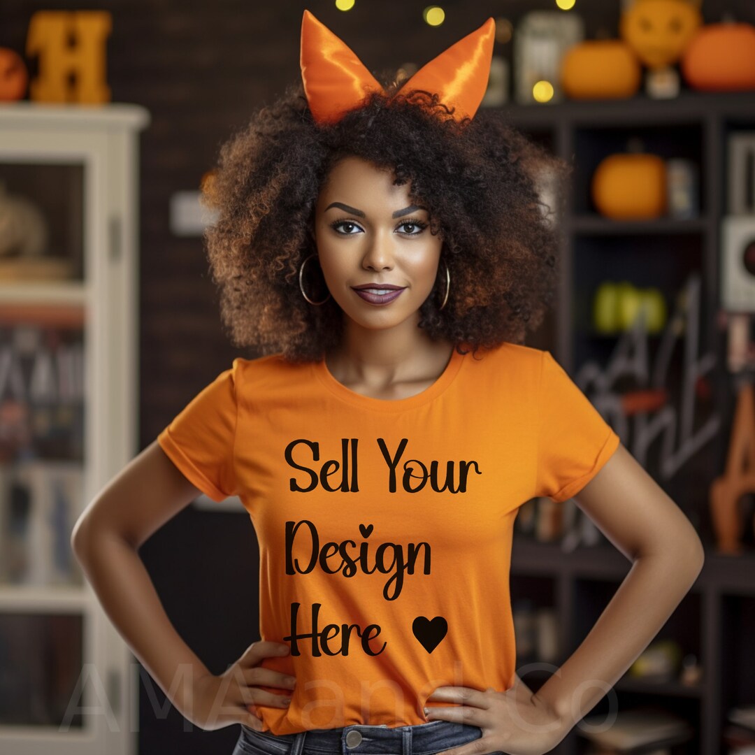 Black Woman Mockup, African American Halloween Mockup, Orange Tshirt ...