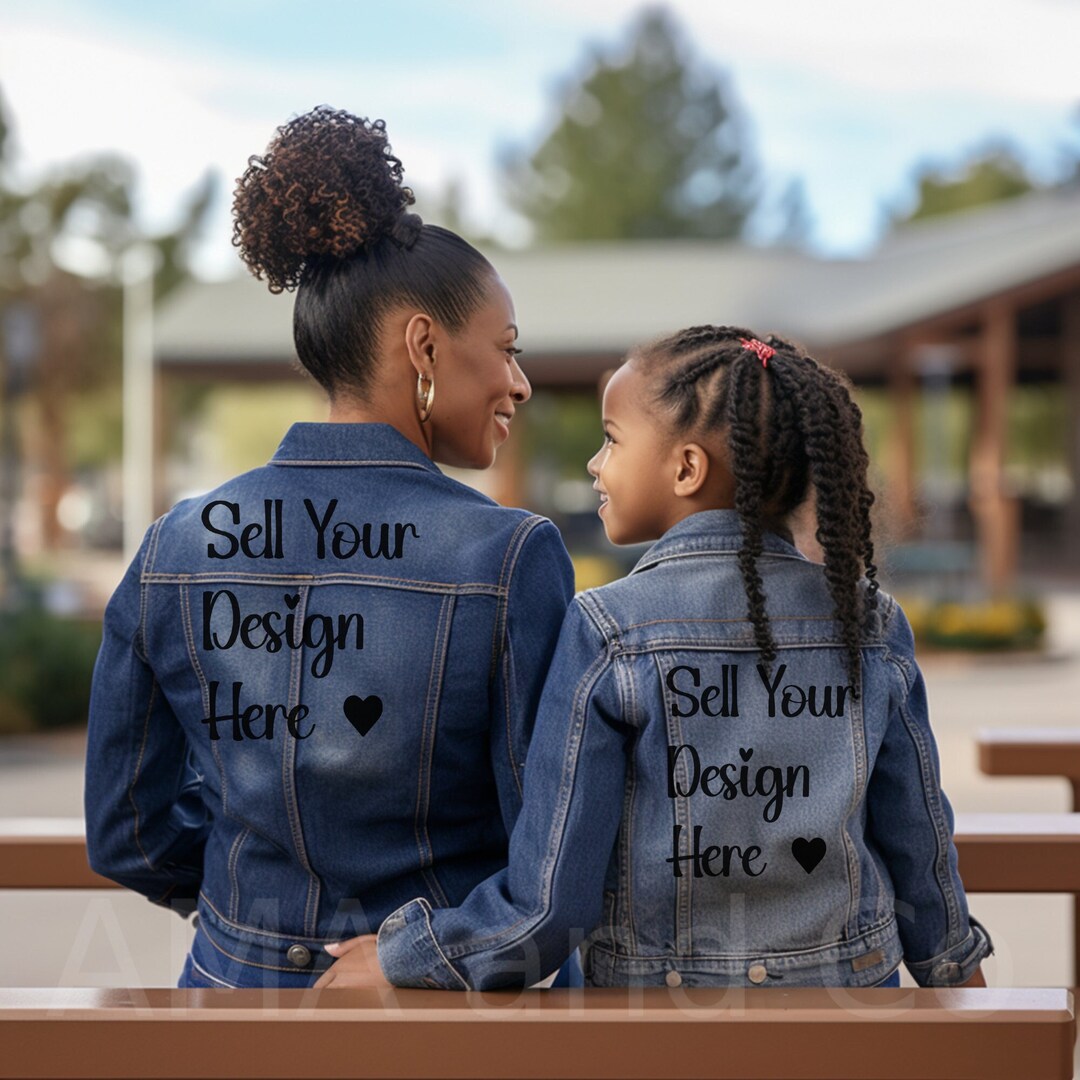 Back of Denim Jean Jacket Mommy and Me Mockup, African American Girl ...