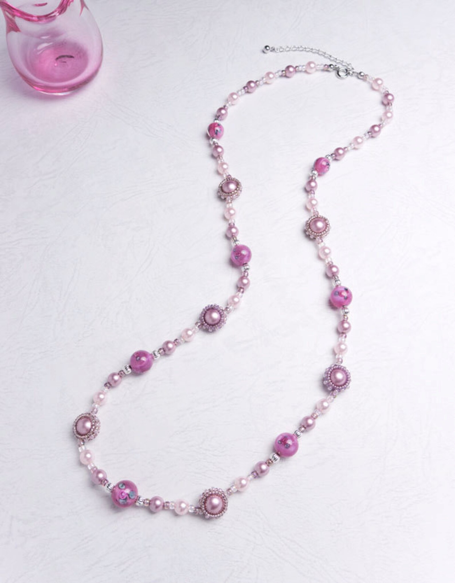 Rose Pink Necklace, Pink Long Necklace, Long Beaded Necklace, Swarovski ...