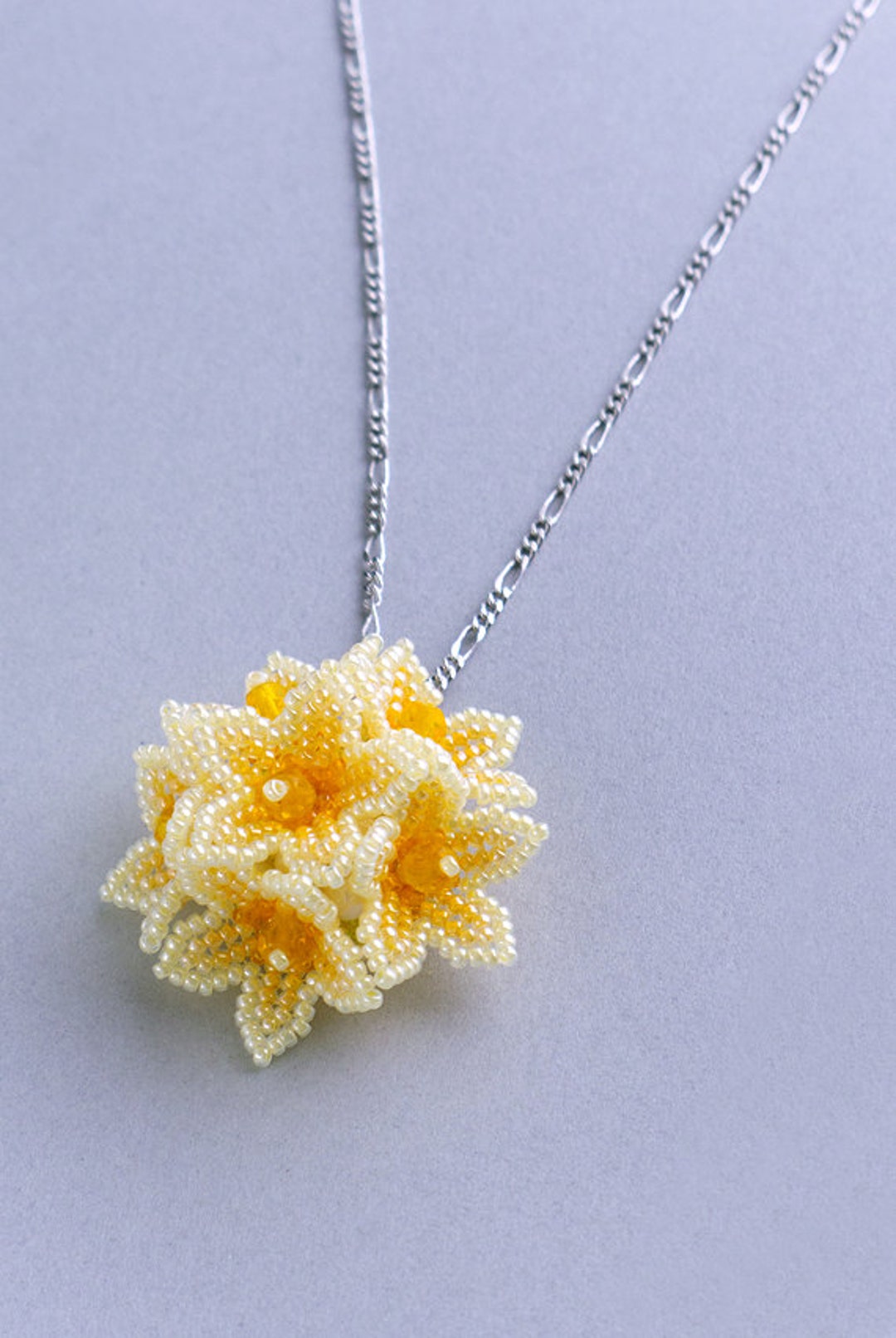 Beaded Flower Dome Pendant, Yellow Floral Pendan Necklace, Summer ...