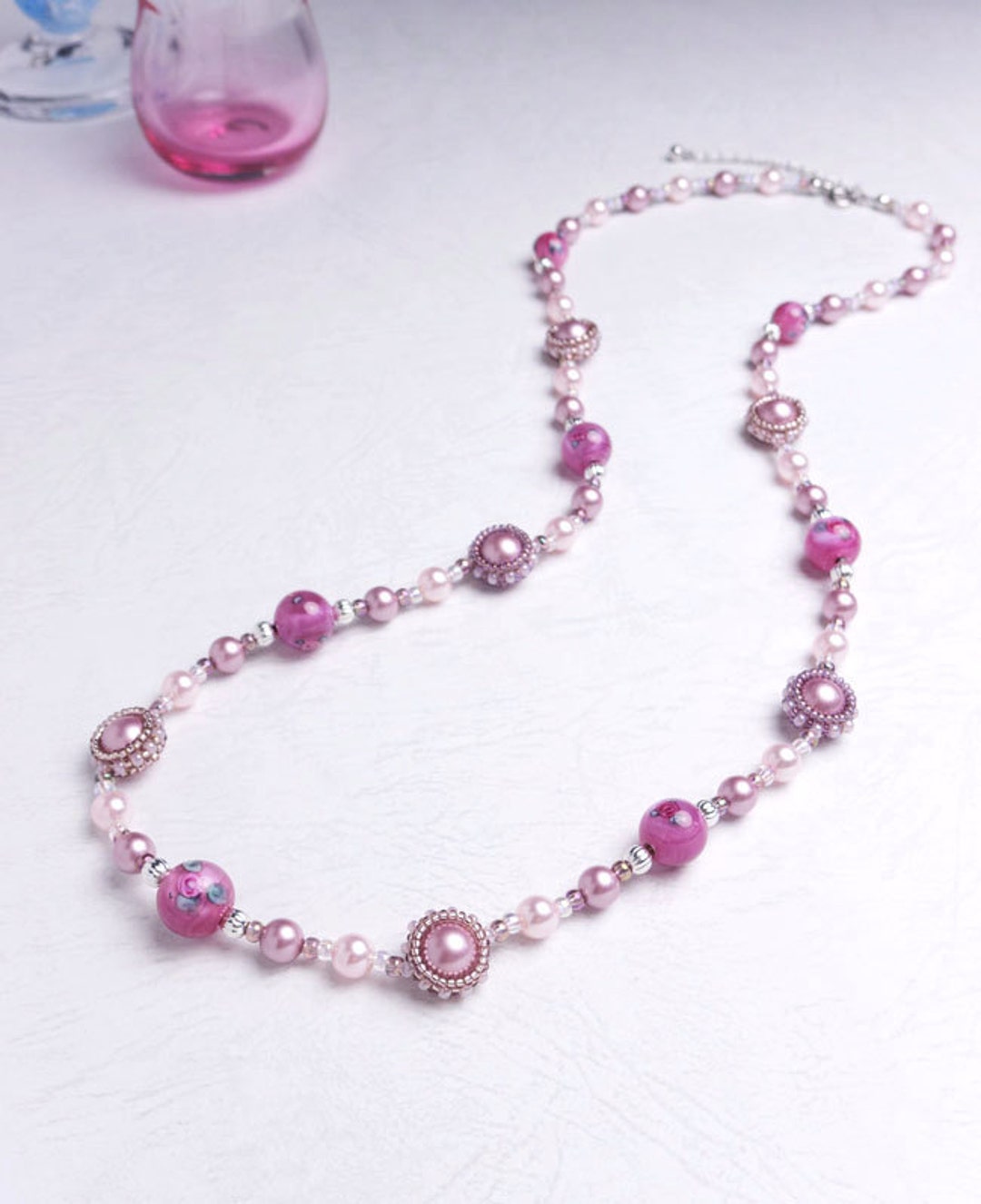 Rose Pink Necklace, Pink Long Necklace, Long Beaded Necklace, Swarovski ...