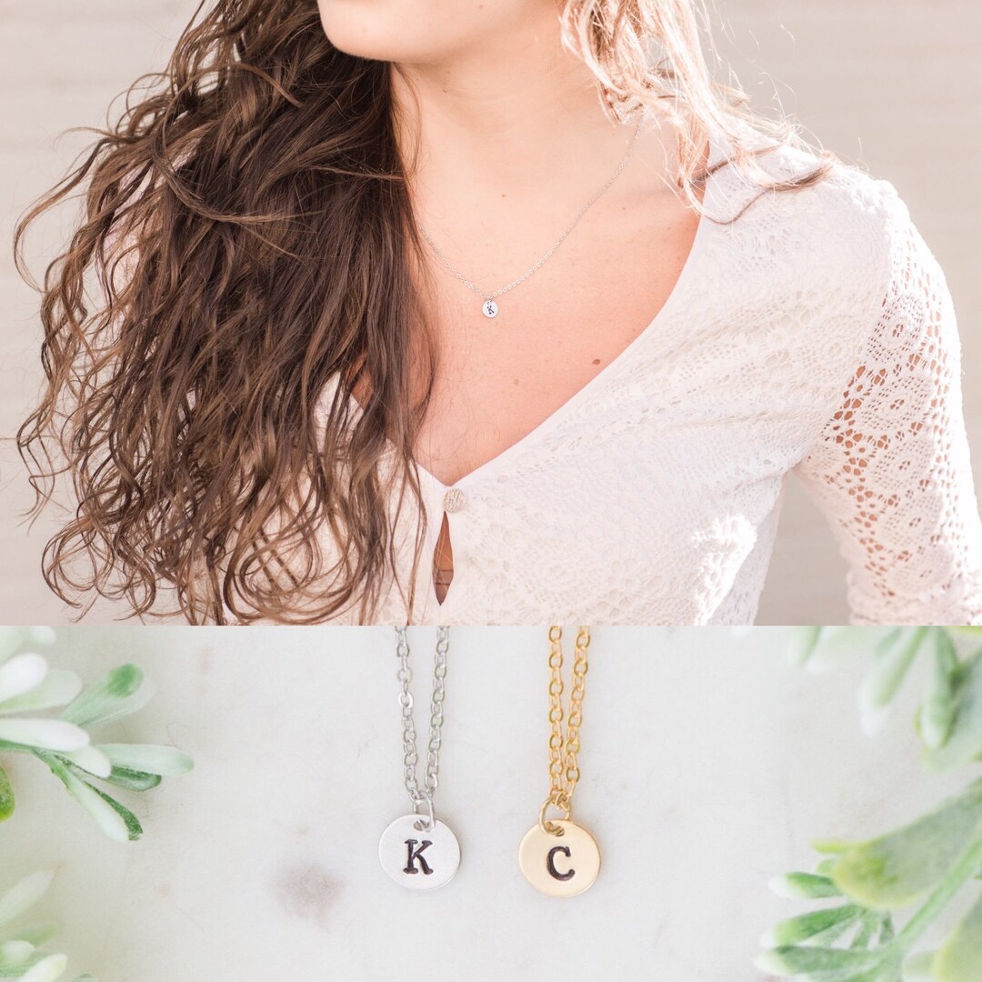 Dainty Initial Necklace, Gold Letter Disc Necklace, Silver Circle Hand ...