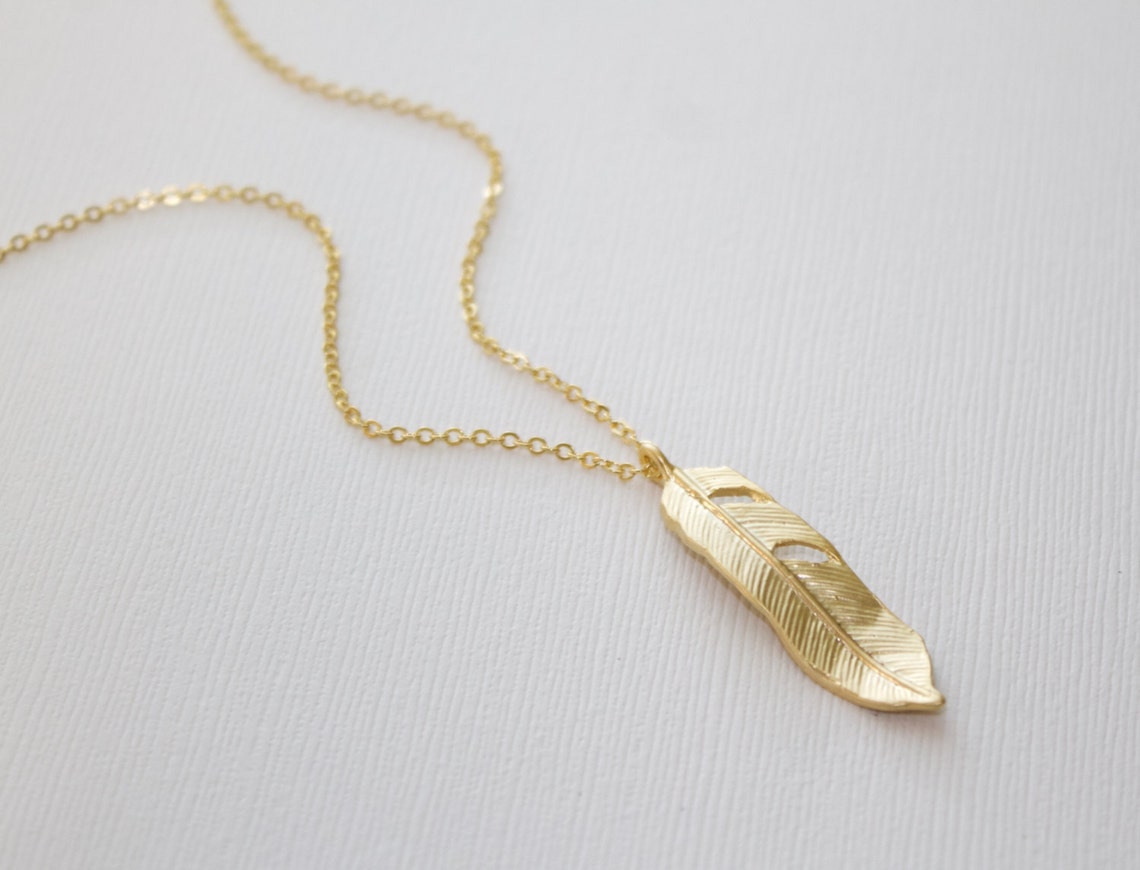 Long Gold Layering Necklace, Feather Necklace, Bohemian Necklace, Gold ...