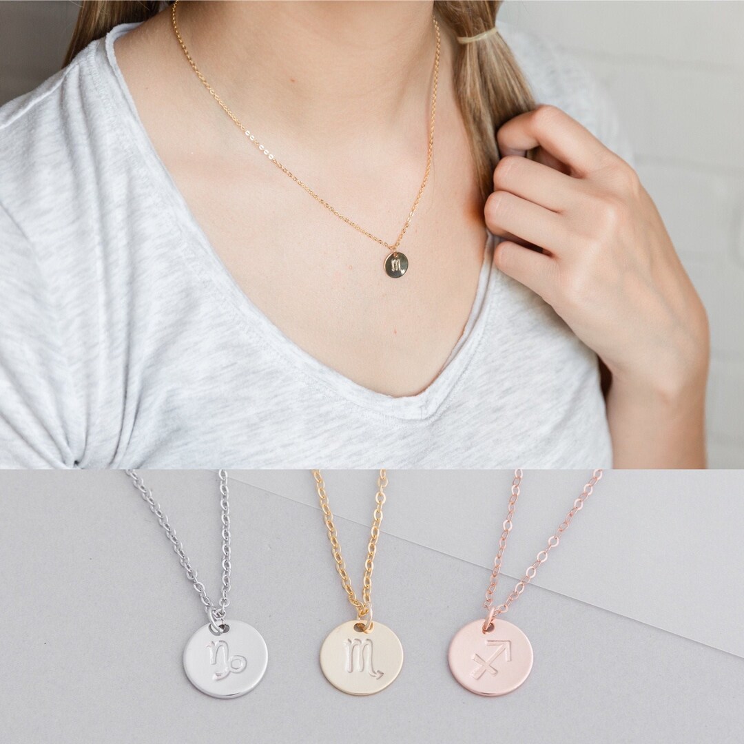 Gold Zodiac Sign Astrology Disc Necklace, Rose Gold Zodiac Coin ...