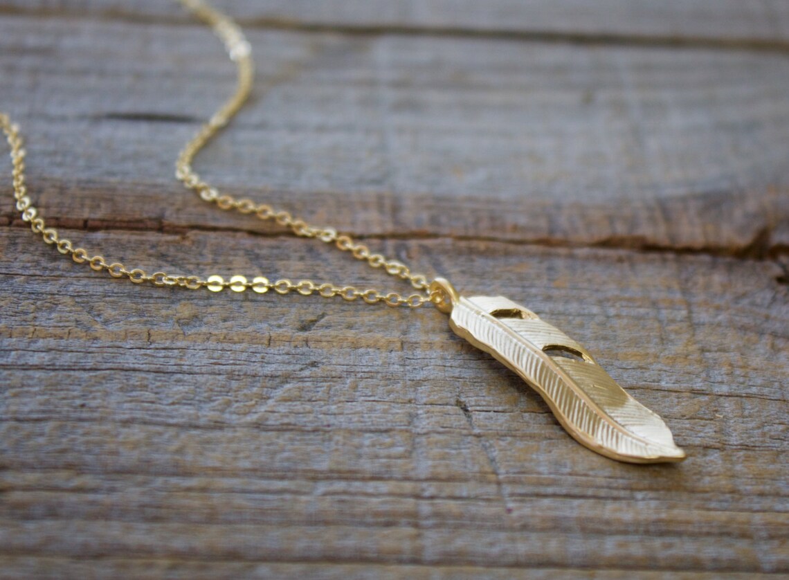 Long Gold Layering Necklace, Feather Necklace, Bohemian Necklace, Gold ...