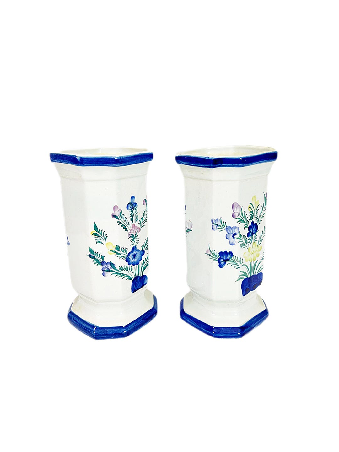 Pair of Vintage Chinoiserie Octagonal Vases With Hand-painted Floral ...