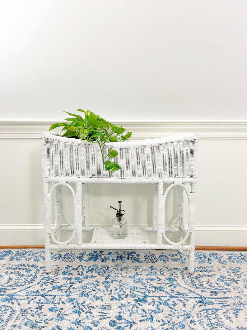 Vintage White Wicker Planter Table With Galvanized Steel Liner, 1950s ...