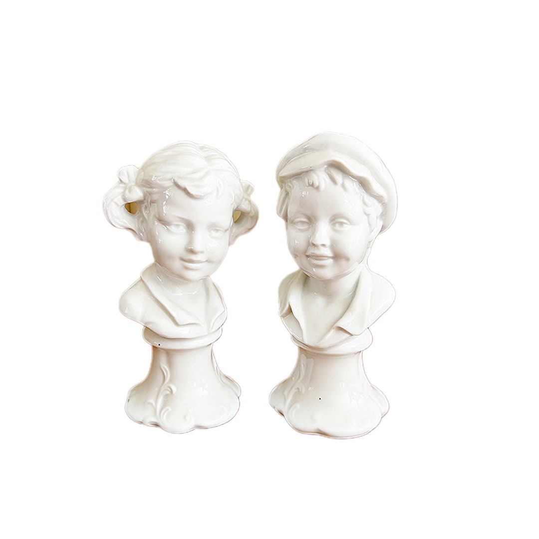 Vintage Bust Figurines | Girl and Boy Busts | White Porcelain Shelf or ...