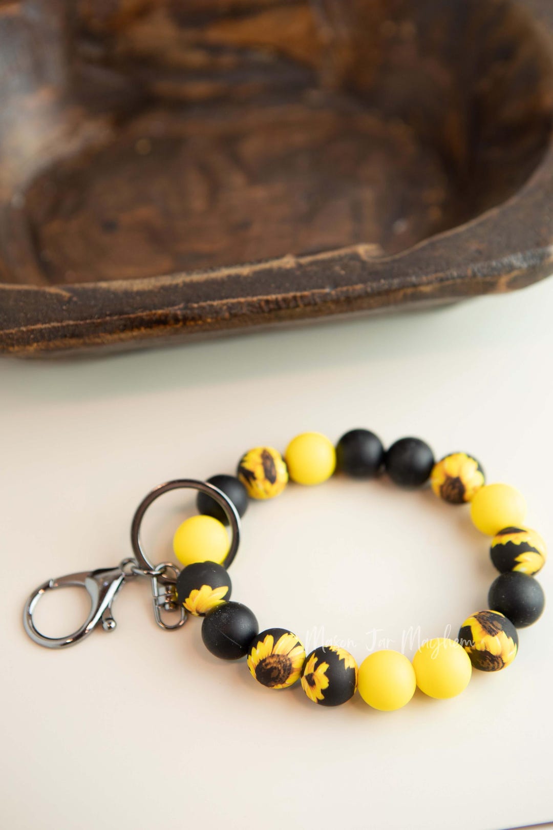 Sunflower Black Yellow Beaded Wristlet Keychain, Silicone Bead Key Ring ...