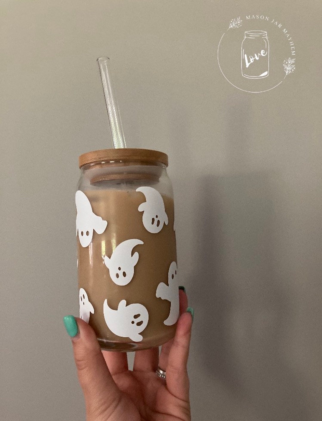 Halloween Ghost Iced Coffee Glass Jar 16 Oz, Spooky Glass, Ghost Mug ...