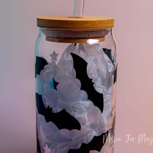 Halloween Bat Glass Jar 16 Oz, Spooky Iced Coffee Glass, Black Bat Mug ...