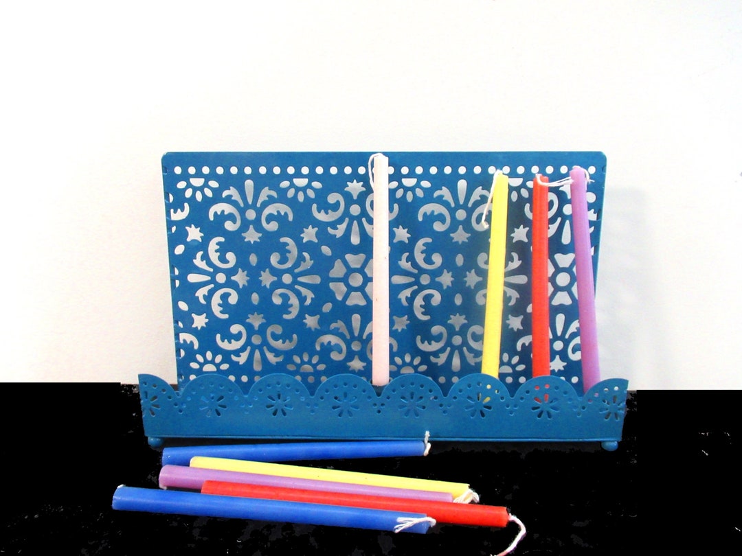 Blue Jewish Chanukah Menorah, 9-arm Colored Lace Tin Kosher Chanukiah ...