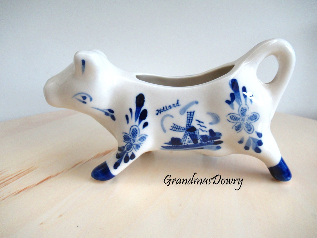 Delft Blue Creamer, Windmill Cream Pitcher, Floral Cow Milk Jar Hand ...