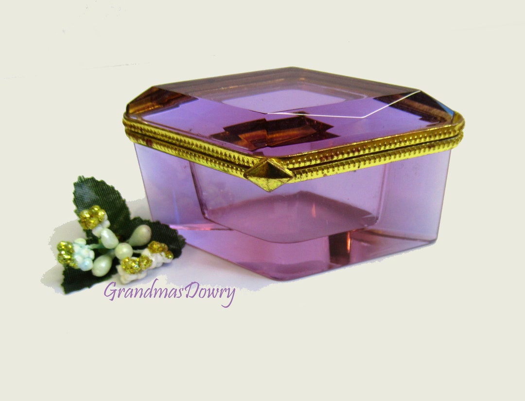 Rare Amethyst Glass Trinket Box With Gold Accents, Purple Lozenge Cut ...