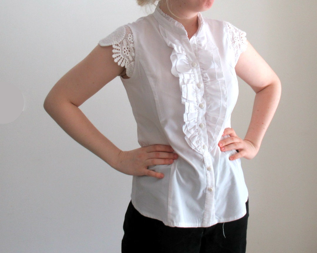 White Ruffled Button-down Blouse Crochet Lace Trim Size L - Etsy