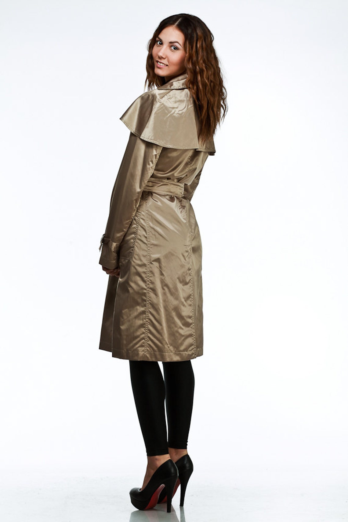 Contemporary Trench Coat With Detachable Cape , Shiny Waterproof and ...