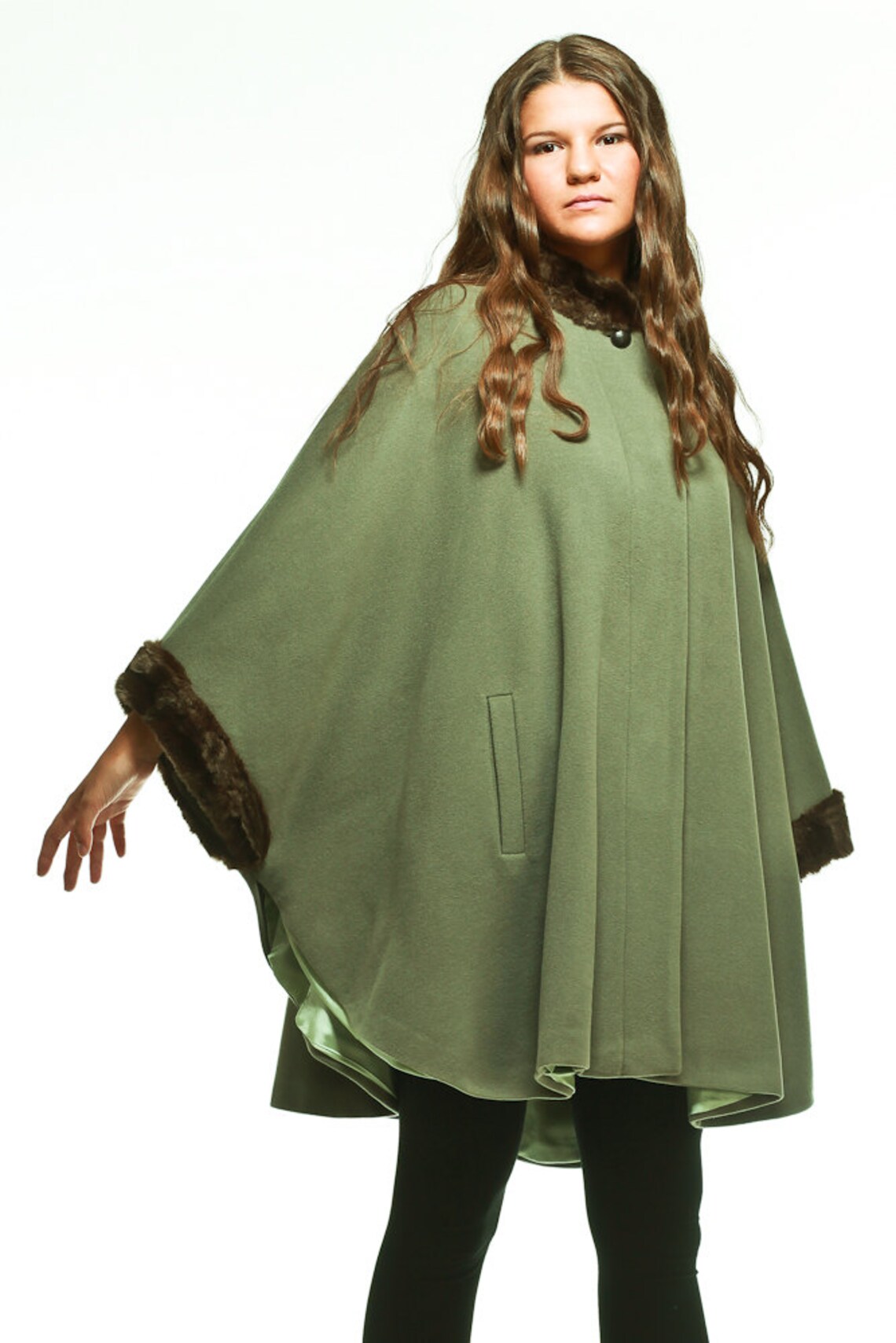 Women's Cape Coat With Faux Fur Cuffs and Neck in Forest Green, Wool ...