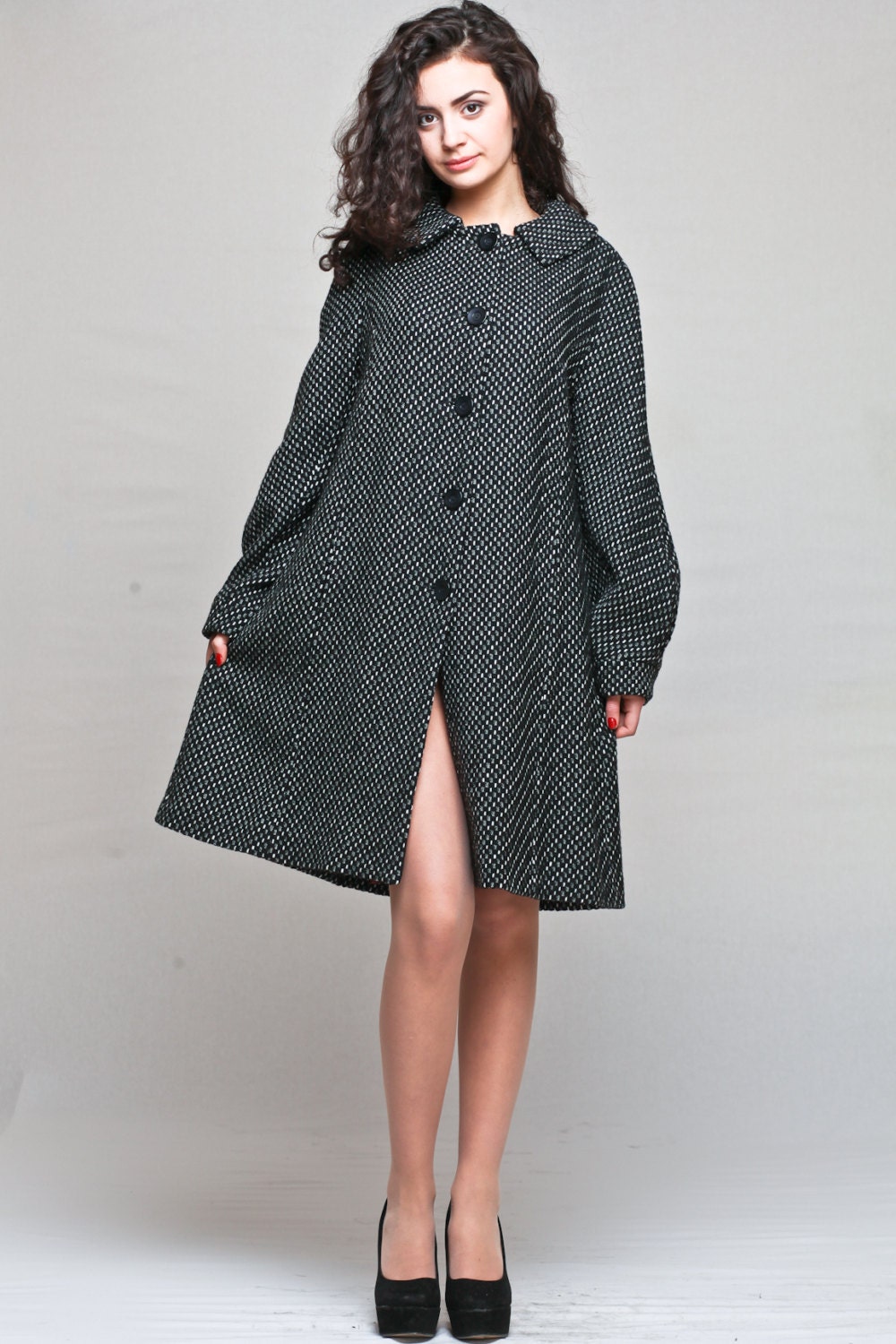 Elegant Knee-Length A-Line Wool Checkered Pattern Coat with | Etsy