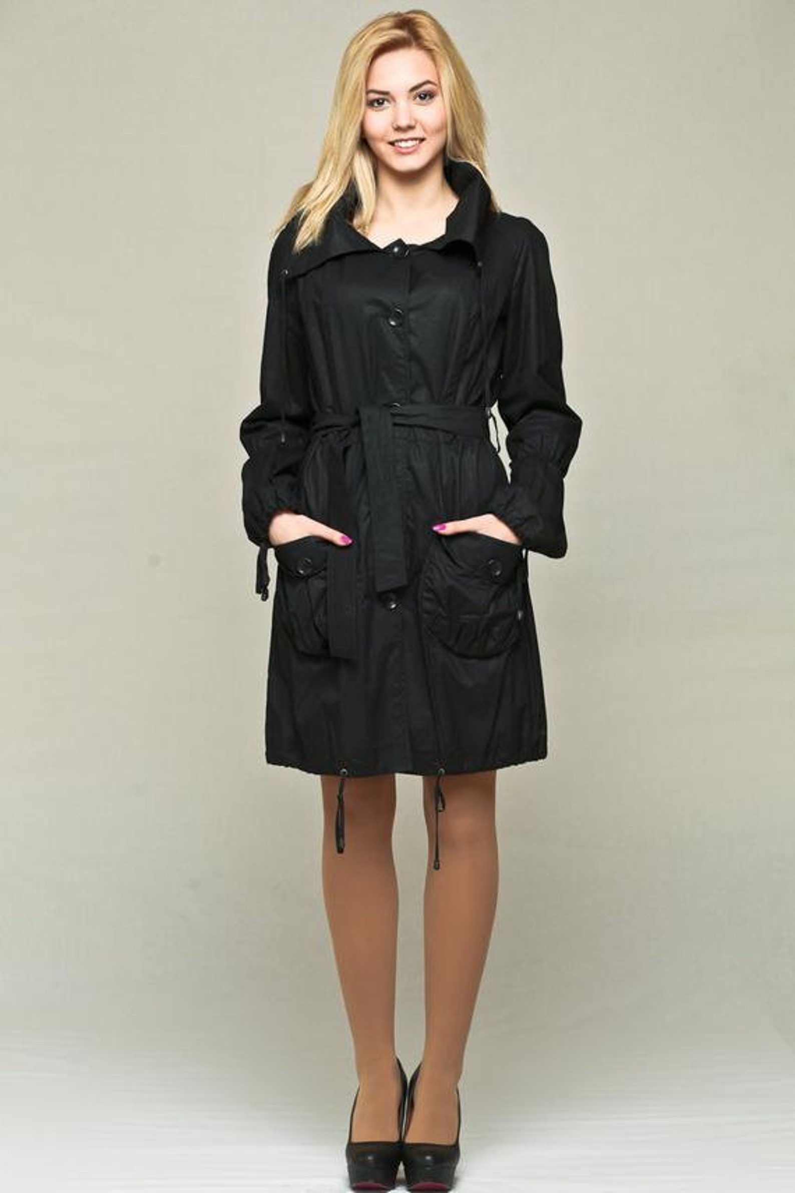 Red Women's Trench Coat With Drawstring Hem and Oversized Adjustable ...