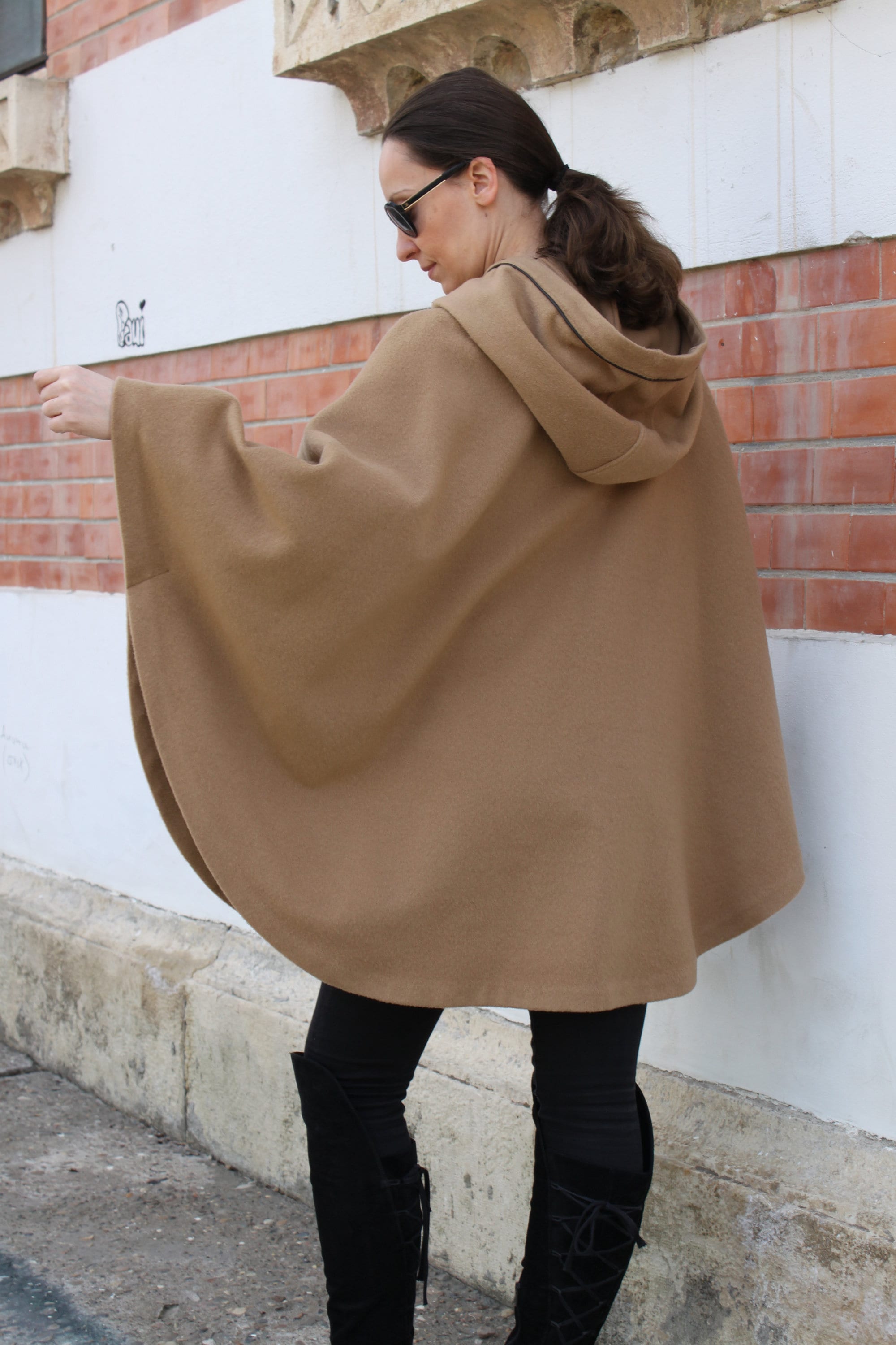 NEW Camel Hooded Cape Coat, Women's Wool and Cashmere Camel Hooded Cape ...