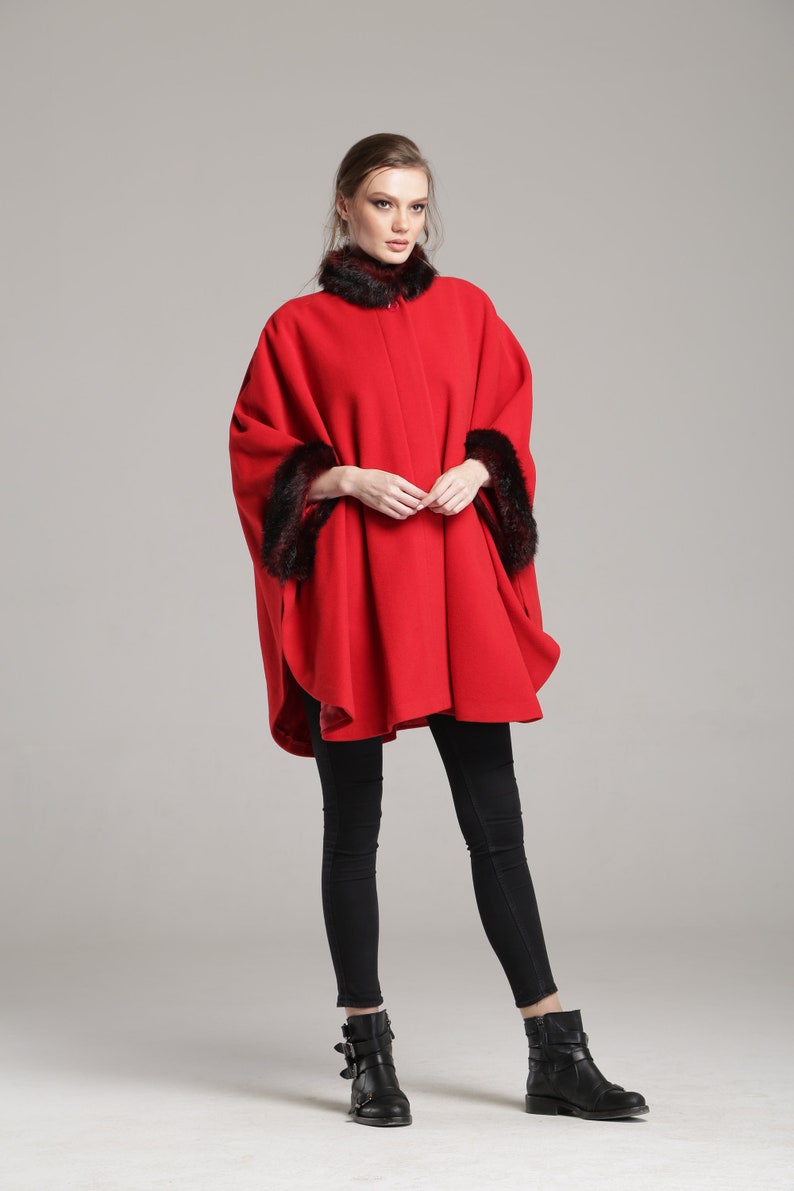 Red Women's Cape Coat with Faux Fur Cuffs and Neck Wool | Etsy