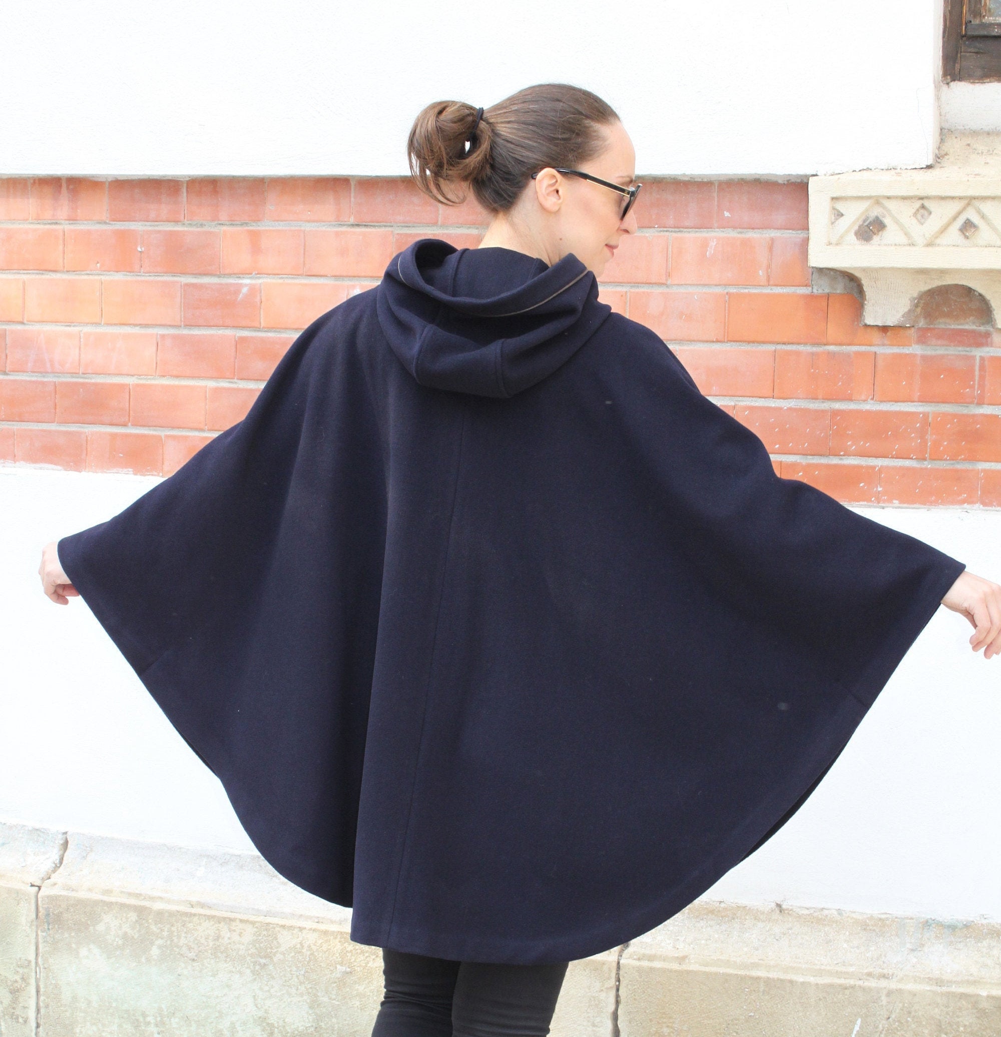 NEW Navy Wool and Cashmere Hooded Cape Coat, Women's Navy Hooded Wool ...