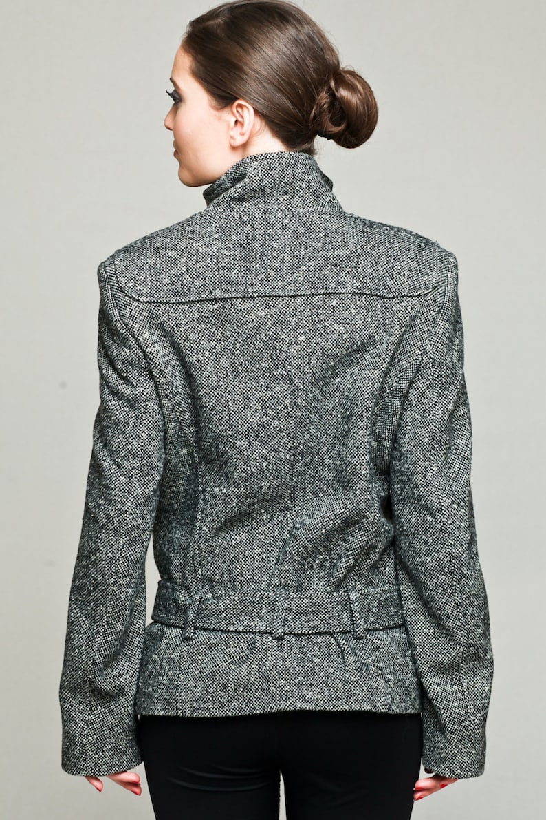 Short Women's Funnel Neck Coat With Belt , Grey Monochrome Winter ...