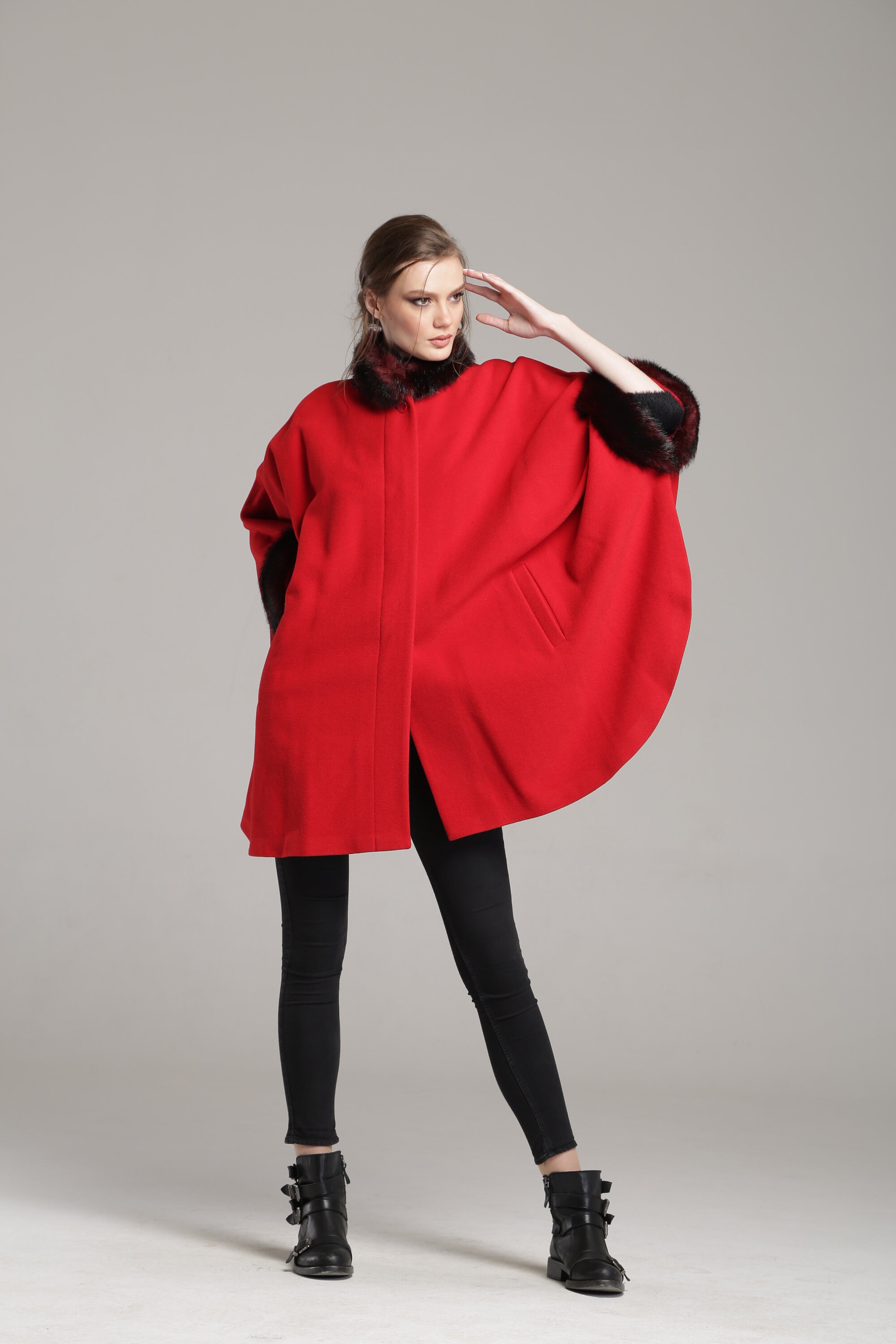 Red Women's Cape Coat With Faux Fur Cuffs and Neck , Wool and Cashmere ...