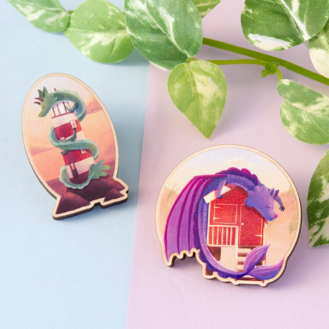 Sleeping Dragon Wooden Pin Badge Dragon Pin Badge Lighthouse Beach Hut ...