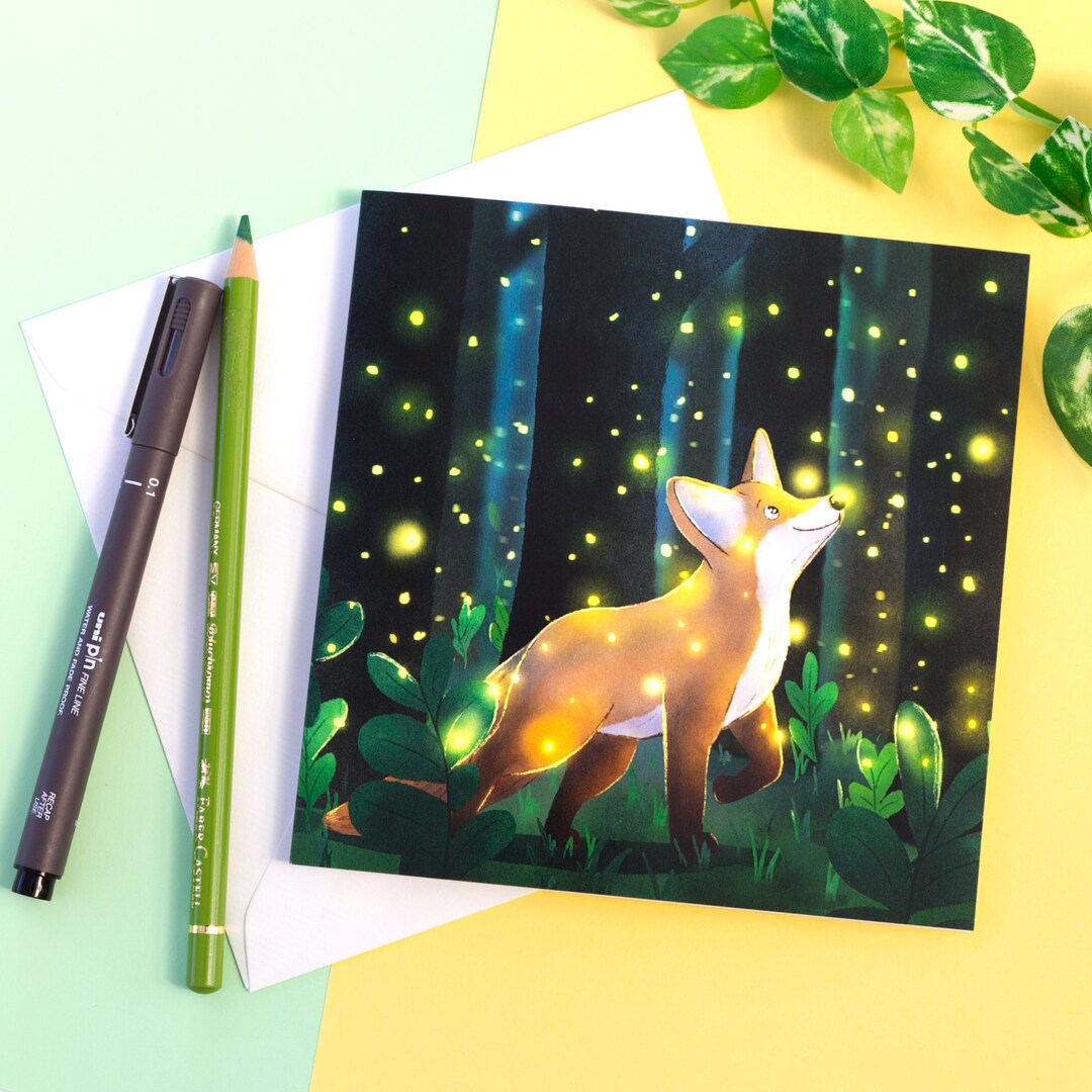 Fox and Fireflies Greetings Card Forest Greetings Card Fox Card Blank ...