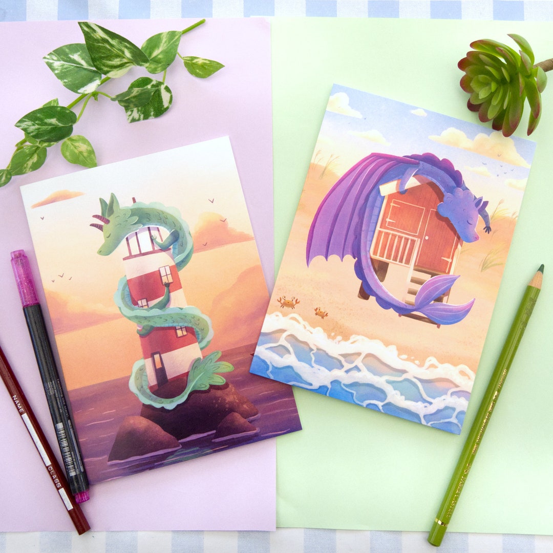 Dragon Greetings Card Lighthouse Dragon Card Beach Hut Card Blank ...