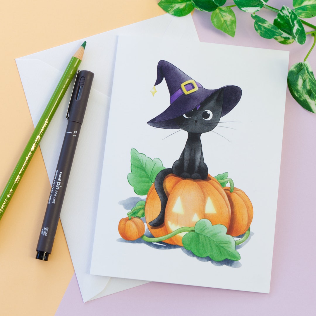 Halloween Black Cat Card Halloween Birthday Card Black Cat Card Witch ...