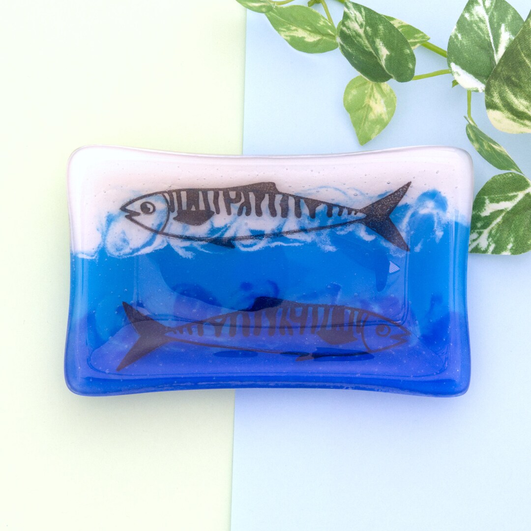 Blue Mackerel Fish Handmade Fused Glass Trinket Dish, Fish Key Dish ...