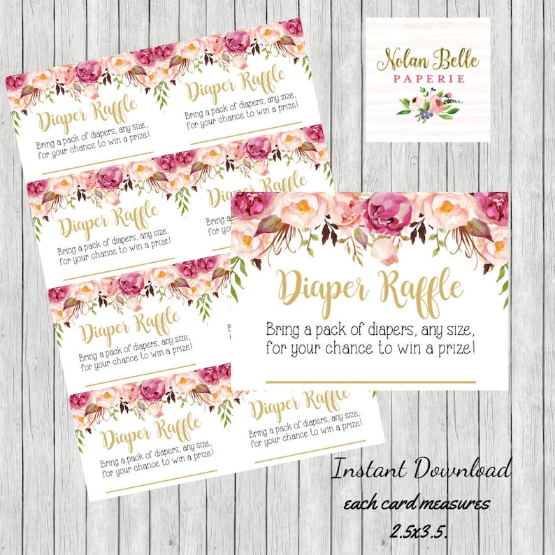 Pink Floral Diaper Raffle Ticket Printable Diaper Raffle Card - Etsy