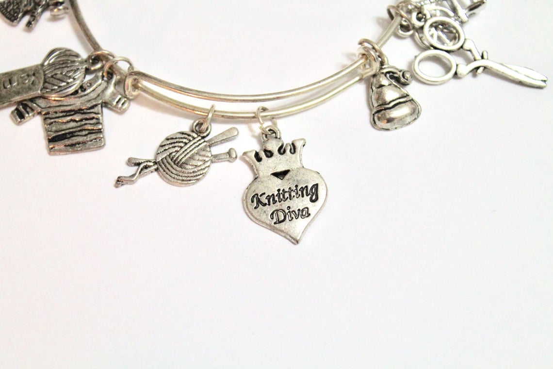 Knitting Diva Expanding Bangle Charm Bracelet Gift for Her | Etsy