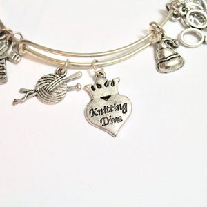 Knitting Diva Expanding Bangle Charm Bracelet, Gift for Her, Knitting ...