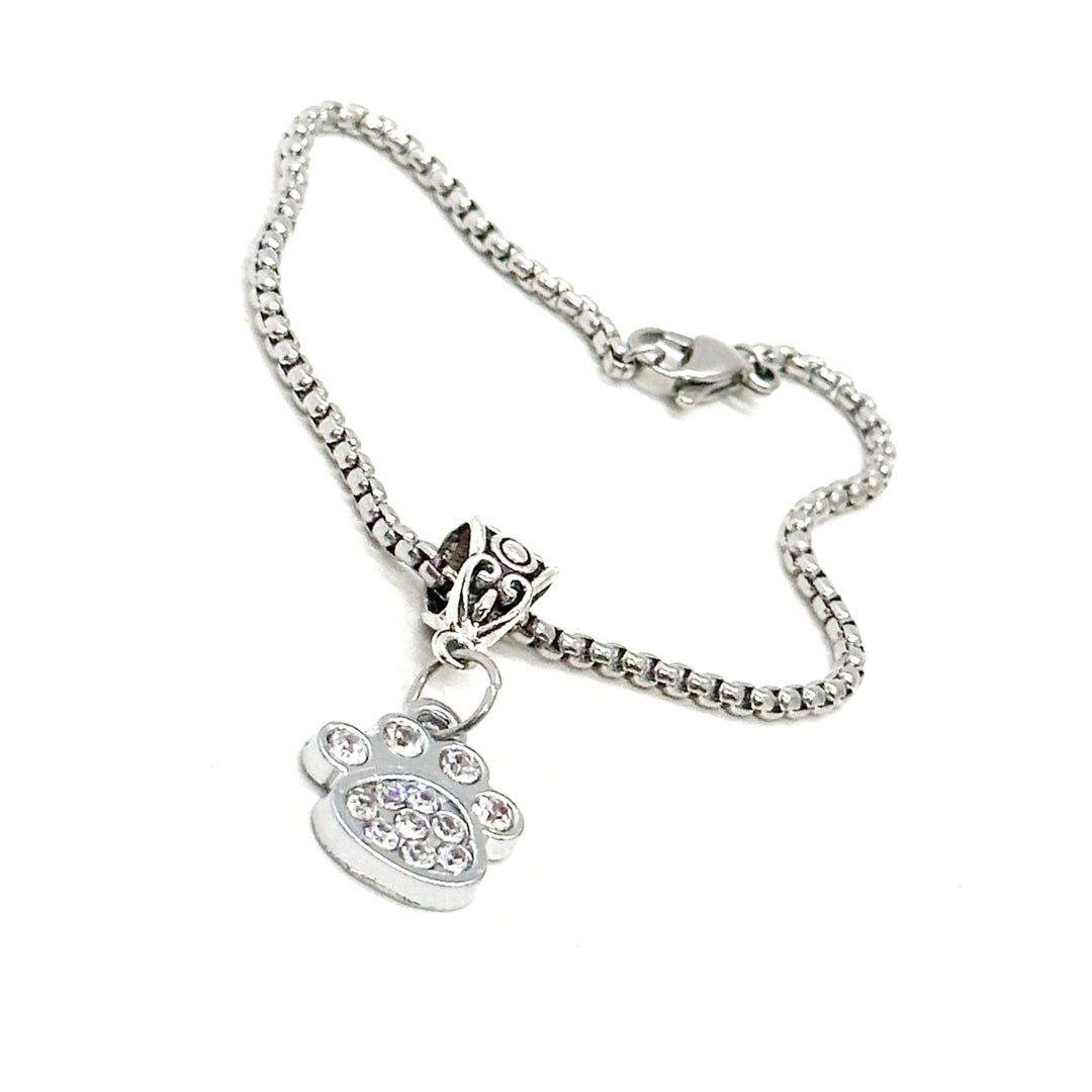 Rhinestone Paw Print Charm Bracelet, European Bracelet, Gift for Her ...