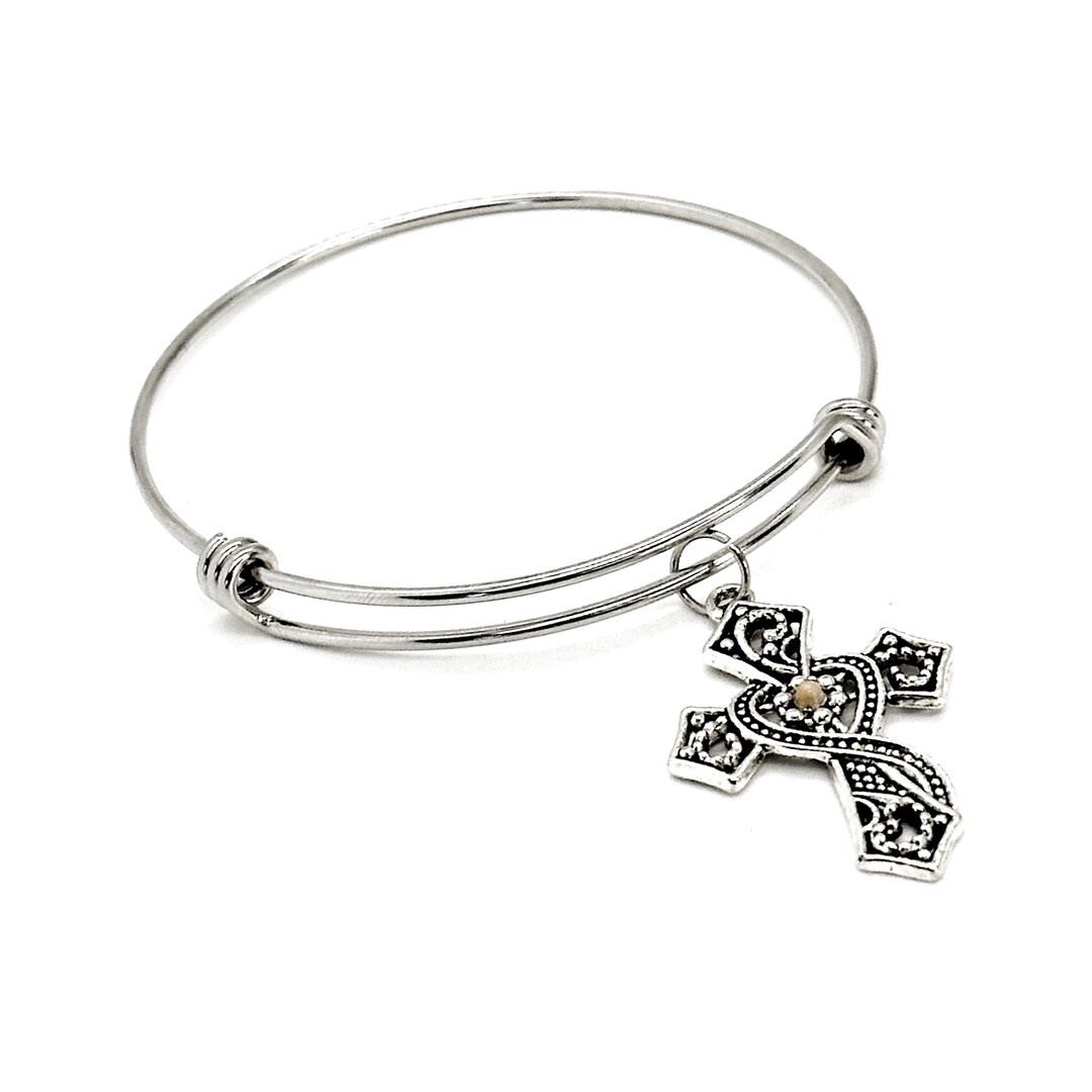 Cross Charm Bangle, Mustard Seed Cross Bracelet, Faith Jewelry, Matthew ...