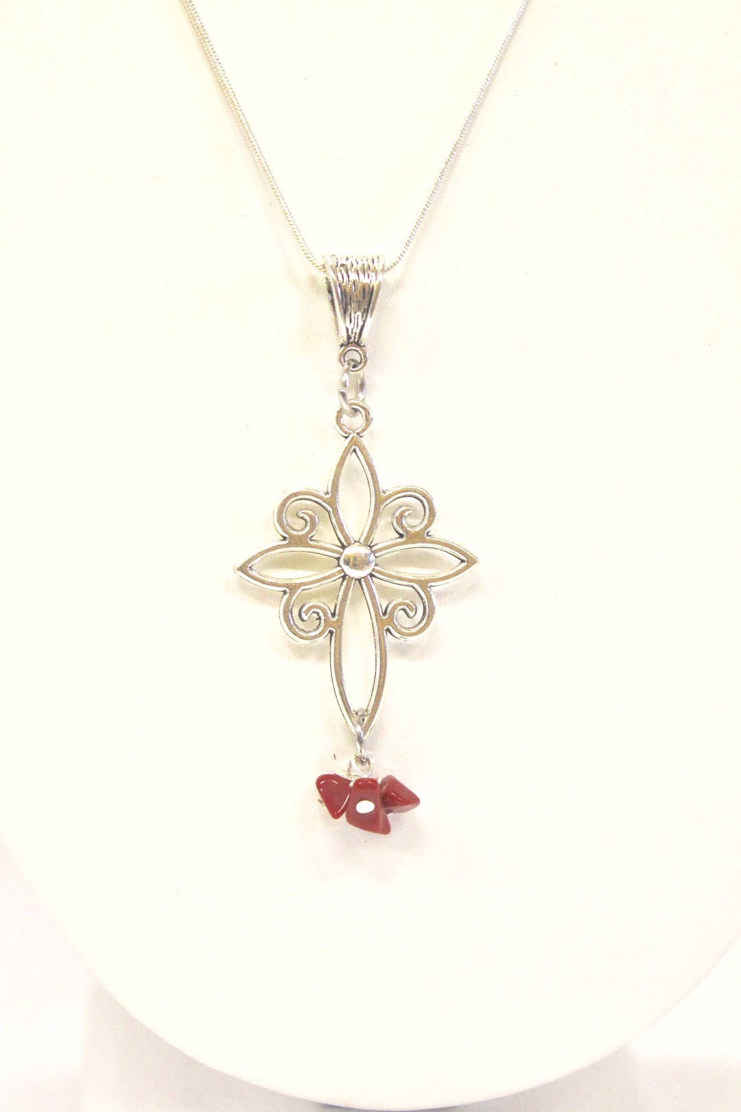 Cross and Blood Red Stone Drops Pendant on Silver Necklace, Chistian ...