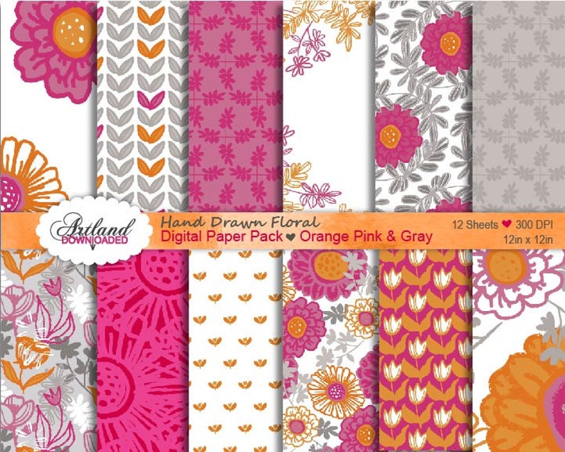 Hand Drawn Florals Grey Pink Orange Digital Paper Pattern Print Pack ...