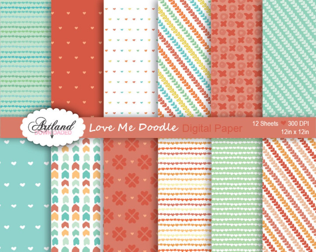 Love Me Doodle Digital Paper Pack Instant Download of Hand Drawn ...